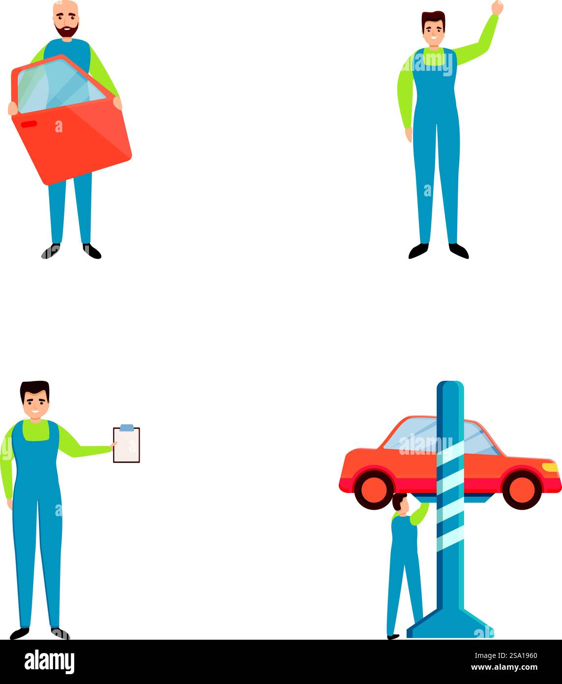 Car service icons set cartoon vector. Auto mechanic during work ...