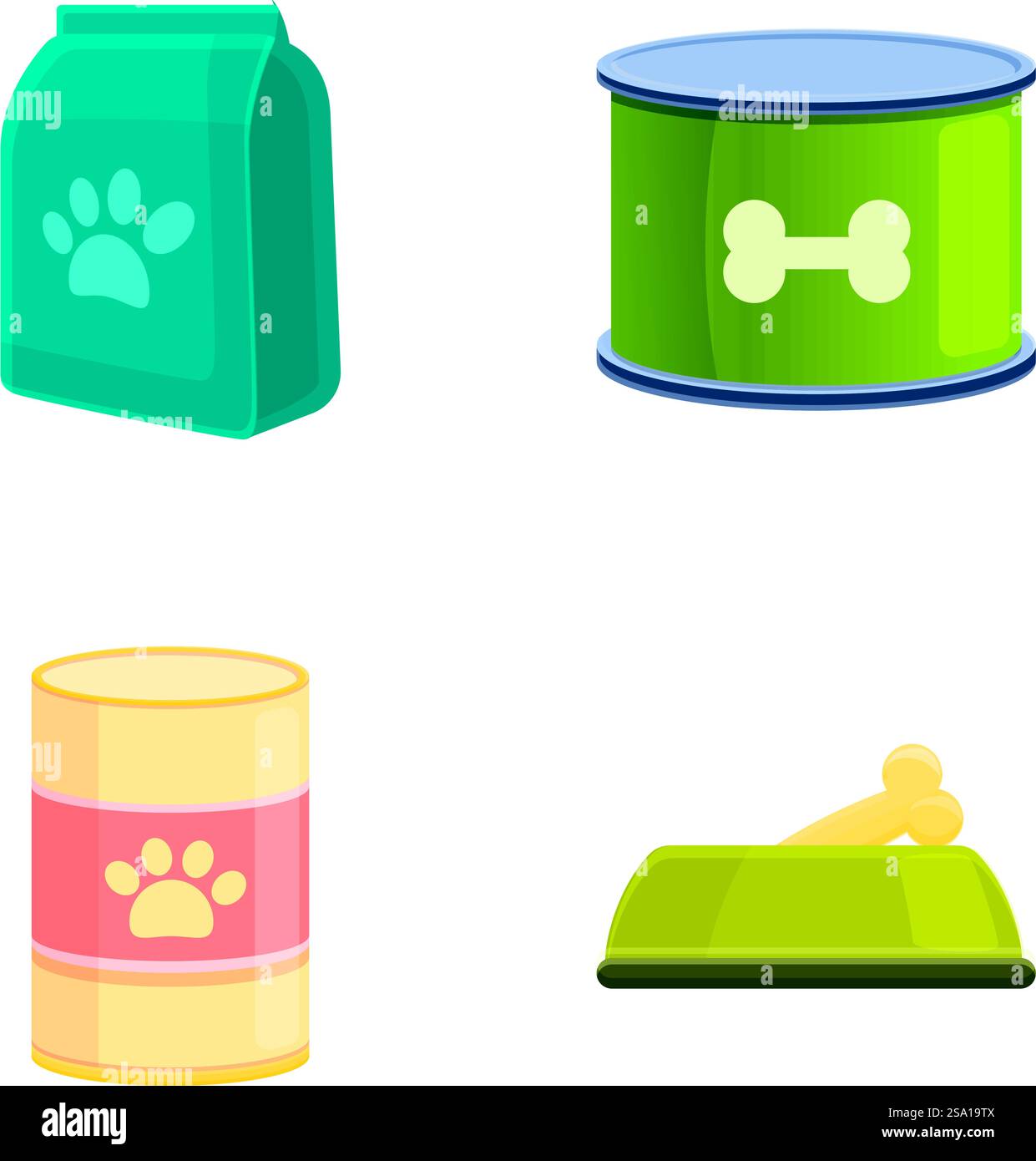 Pet food icons set cartoon vector. Dog food package and bone in bowl ...