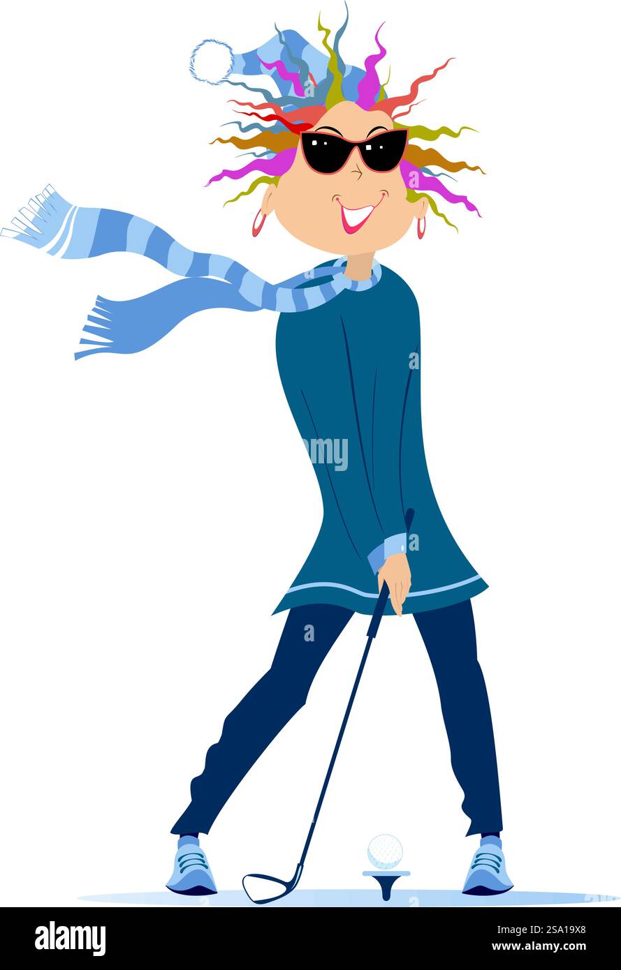 Cold weather. Golfer woman on the golf course. Rainy and windy day ...