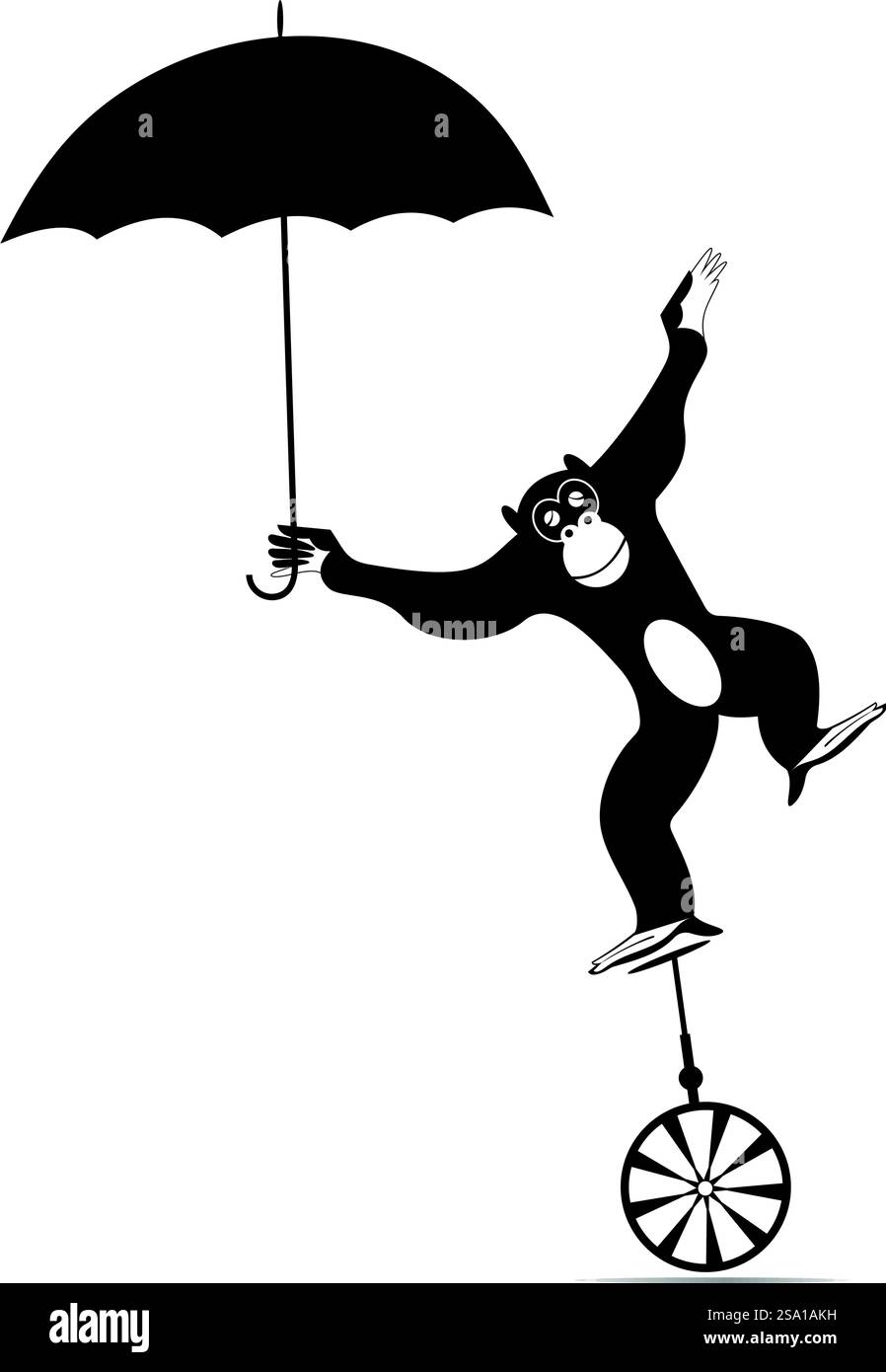 Equilibrist monkey balances on the unicycle with umbrella. Circus ...