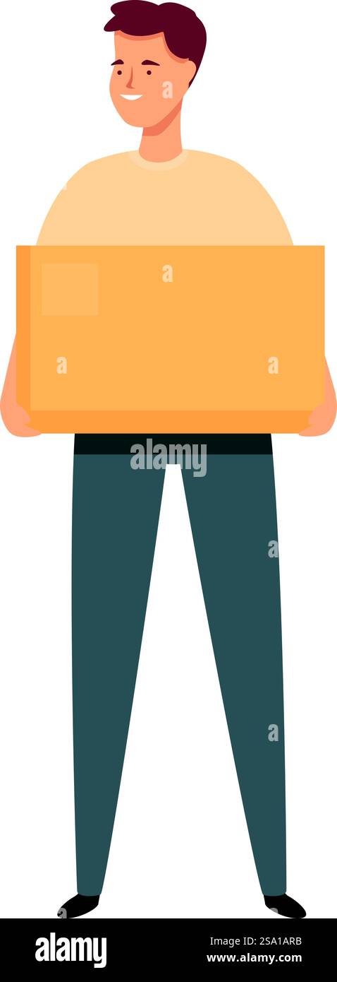Happy man with box icon cartoon vector. Timber laborer. Order box ...