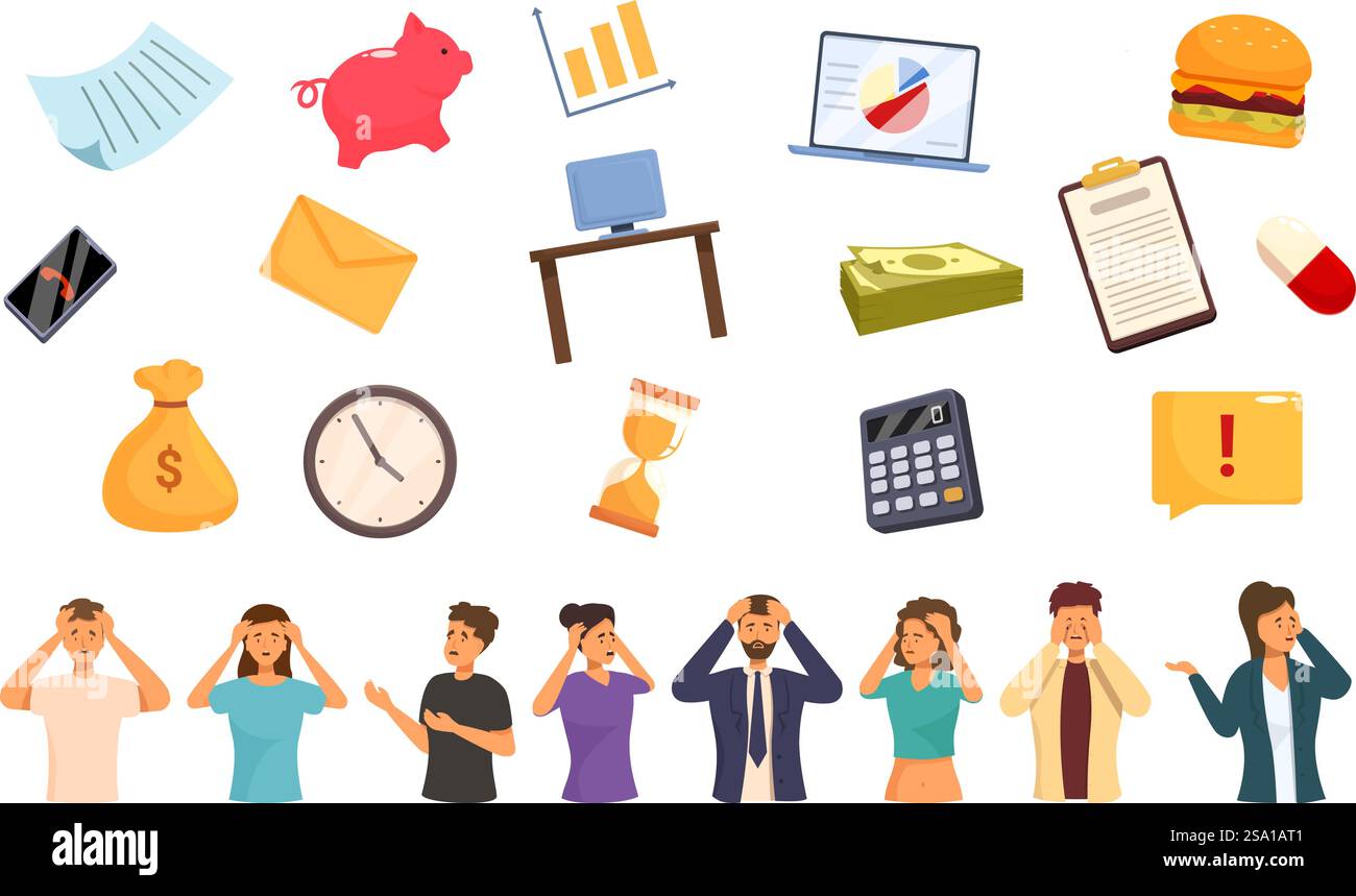 Info stress icons set cartoon vector. Overload information. Mental ...