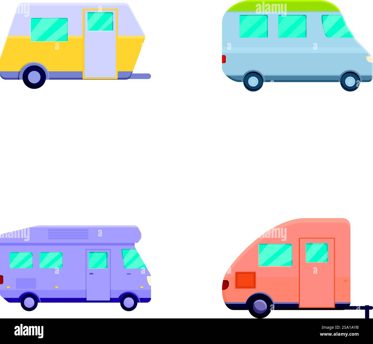 Rv camper icons set cartoon vector. Van and pickup truck with trailer ...