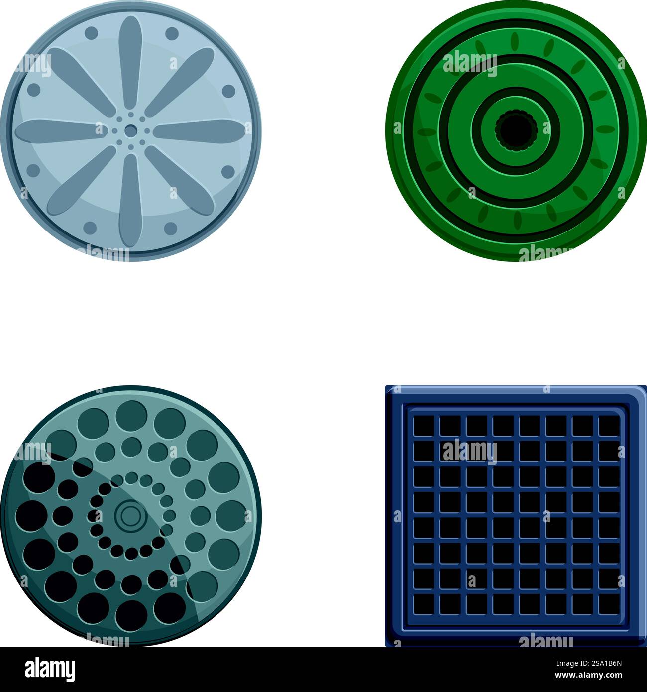 Road hatch icons set cartoon vector. Road manhole of various shape and ...