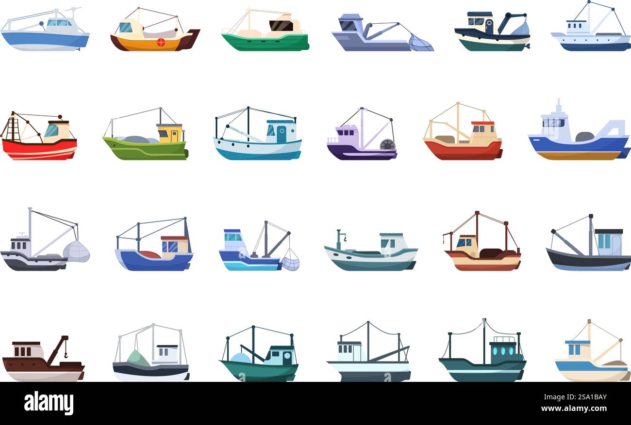 Fisher vessel icons set cartoon vector. Sea water boat. Fish seafood ...