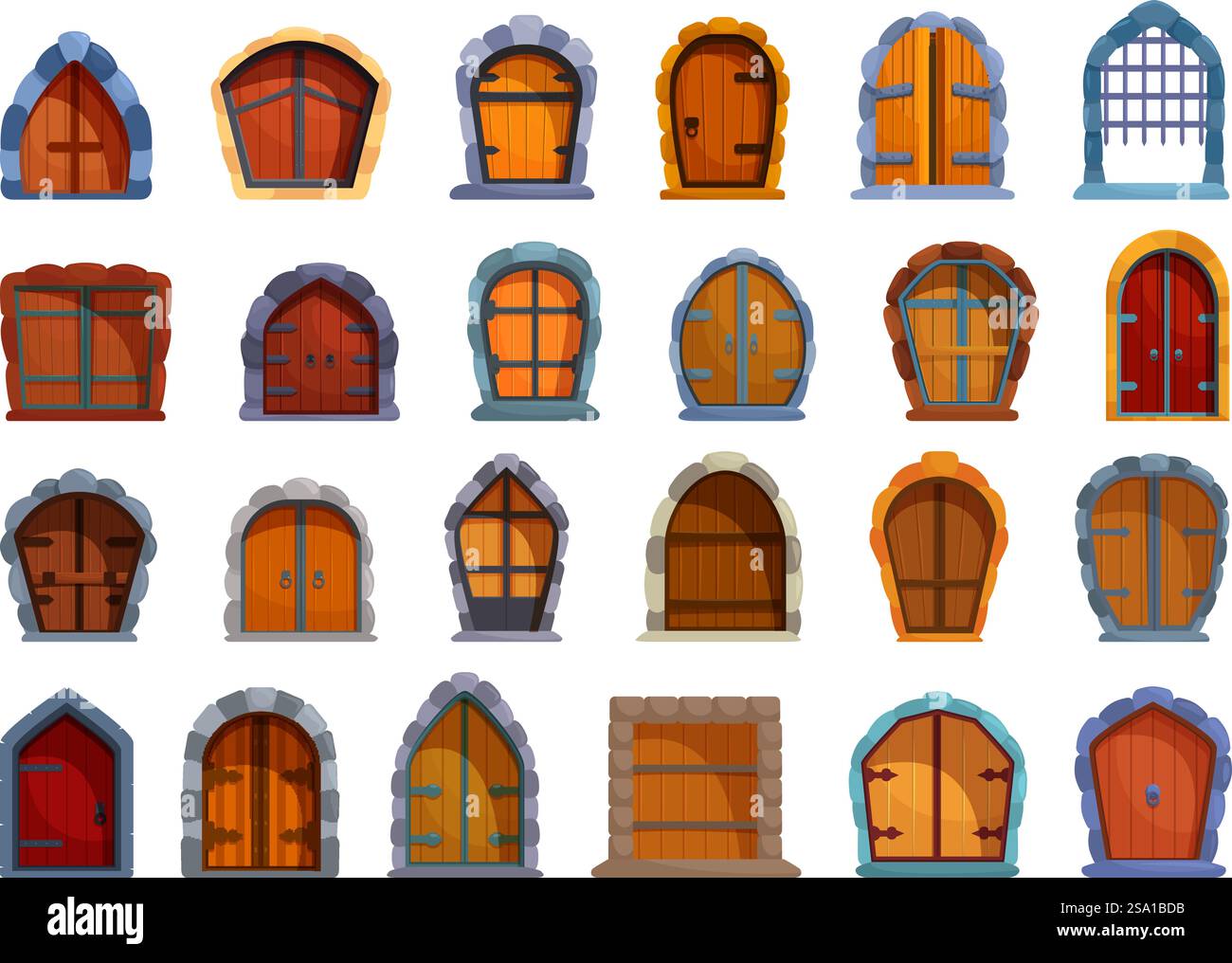 Castle gate icons set cartoon vector. Medieval door. Stone arch ancient ...