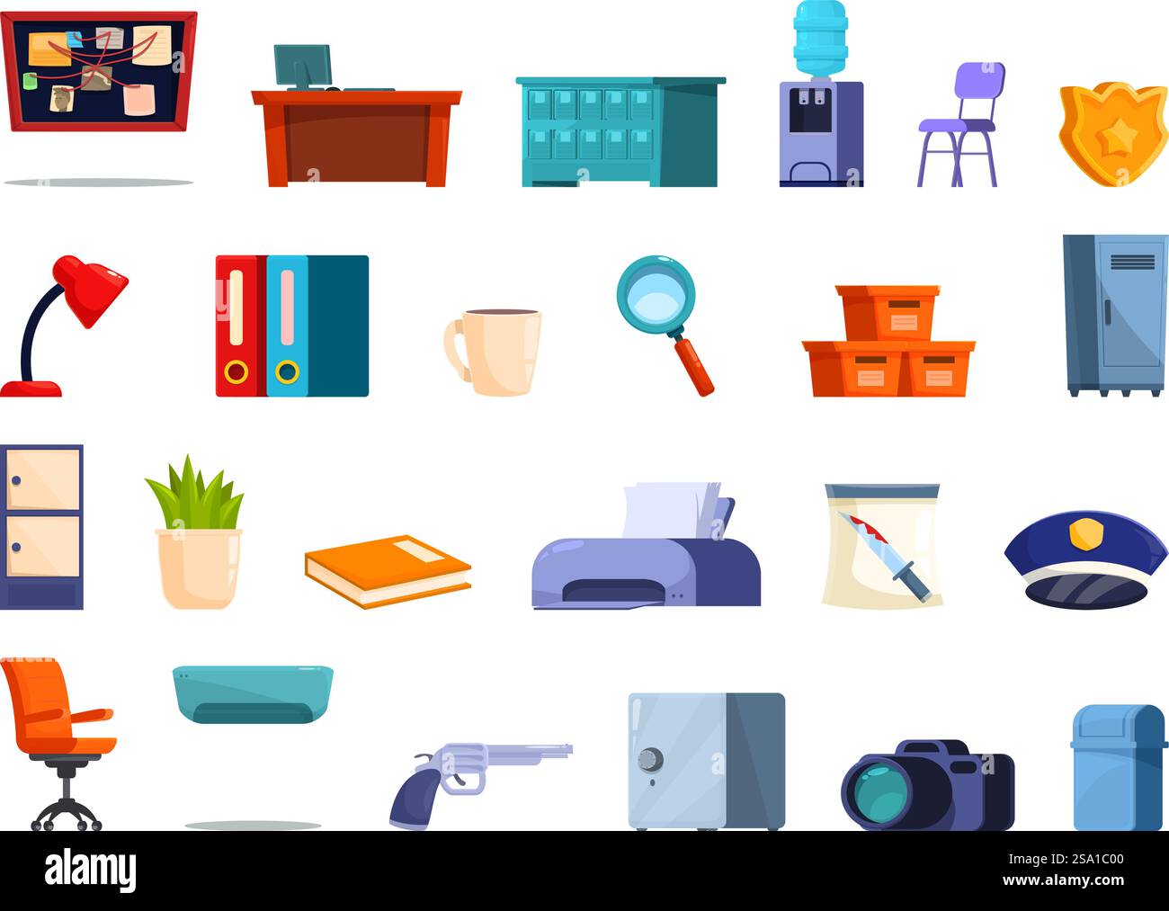 Crime bureau icons set cartoon vector. Detective room. Interior ...