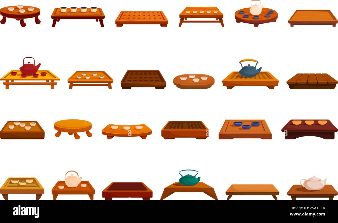 Tea ceremony table icons set cartoon vector. Traditional chinese ...