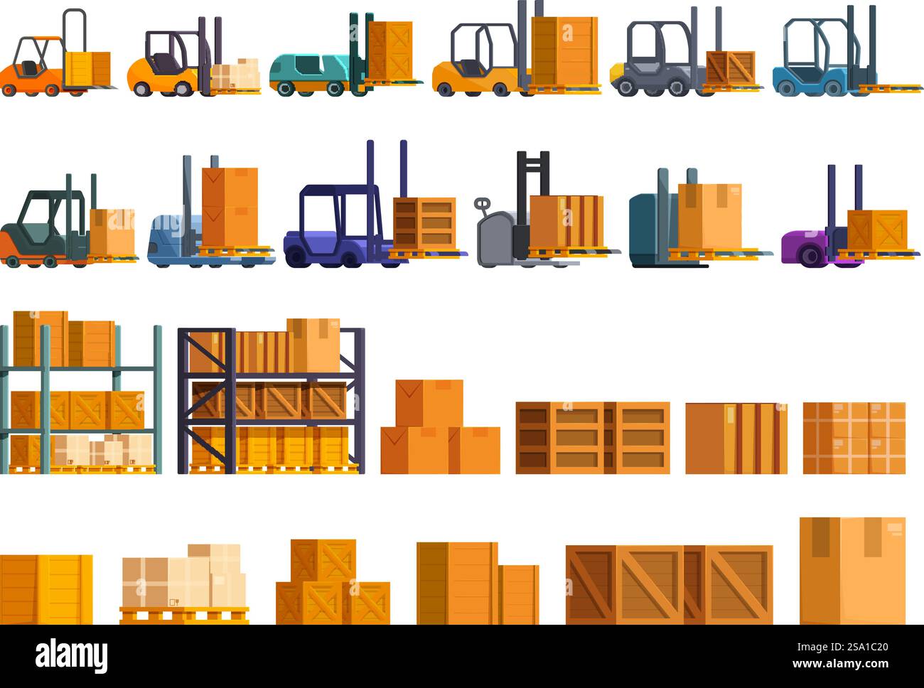 Forklift holding box icons set cartoon vector. Warehouse worker ...