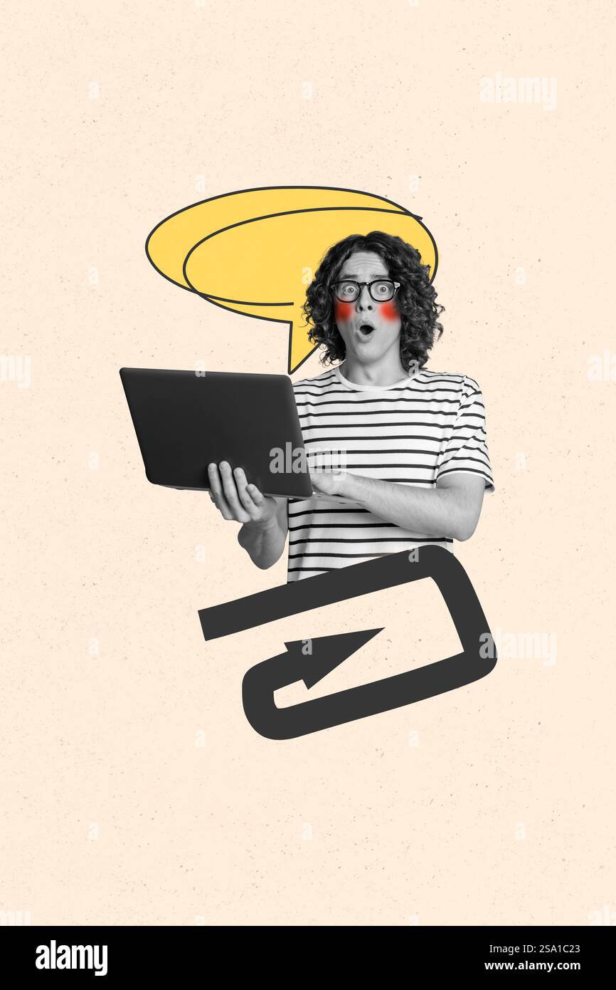 Vertical photo collage of astonished worried guy hold laptop bubble ...