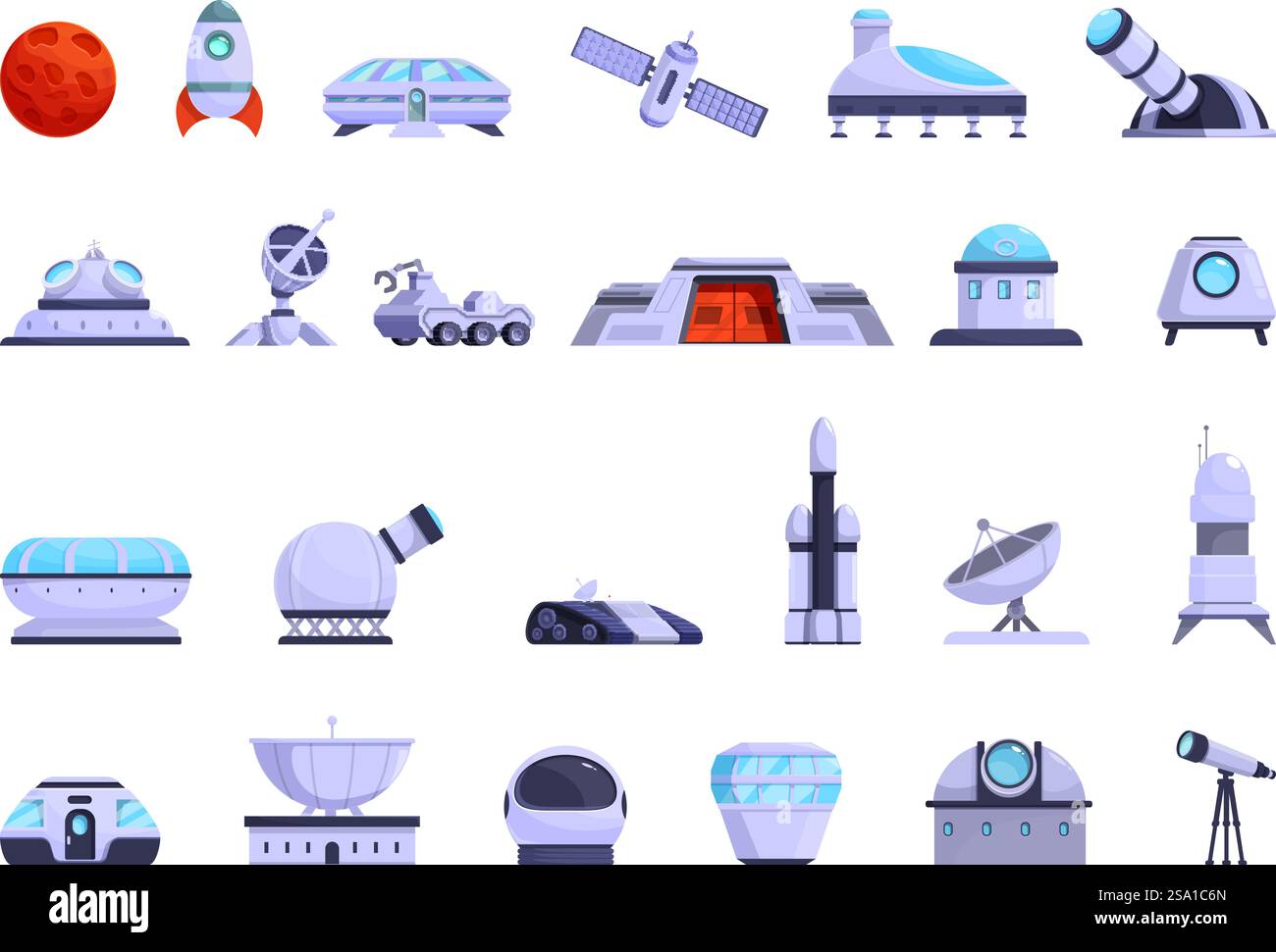 Mars observatory icons set cartoon vector. Planet colonization. Space surface. Mars observatory ...