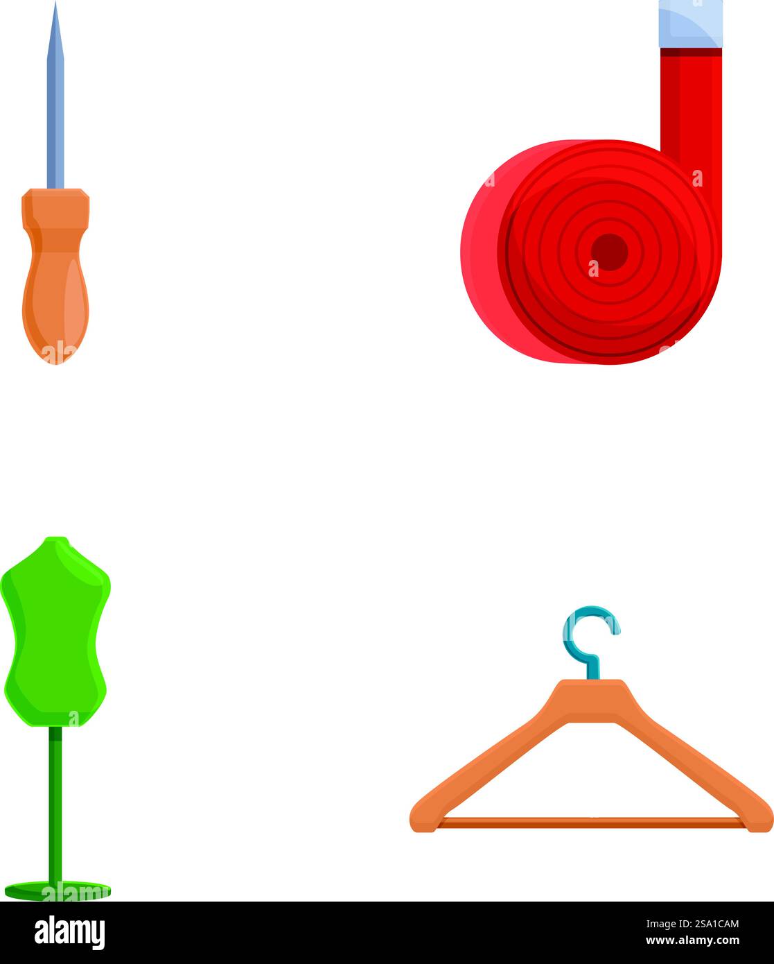 Sewing equipment icons set cartoon vector. Mannequin, awl, tape measure ...