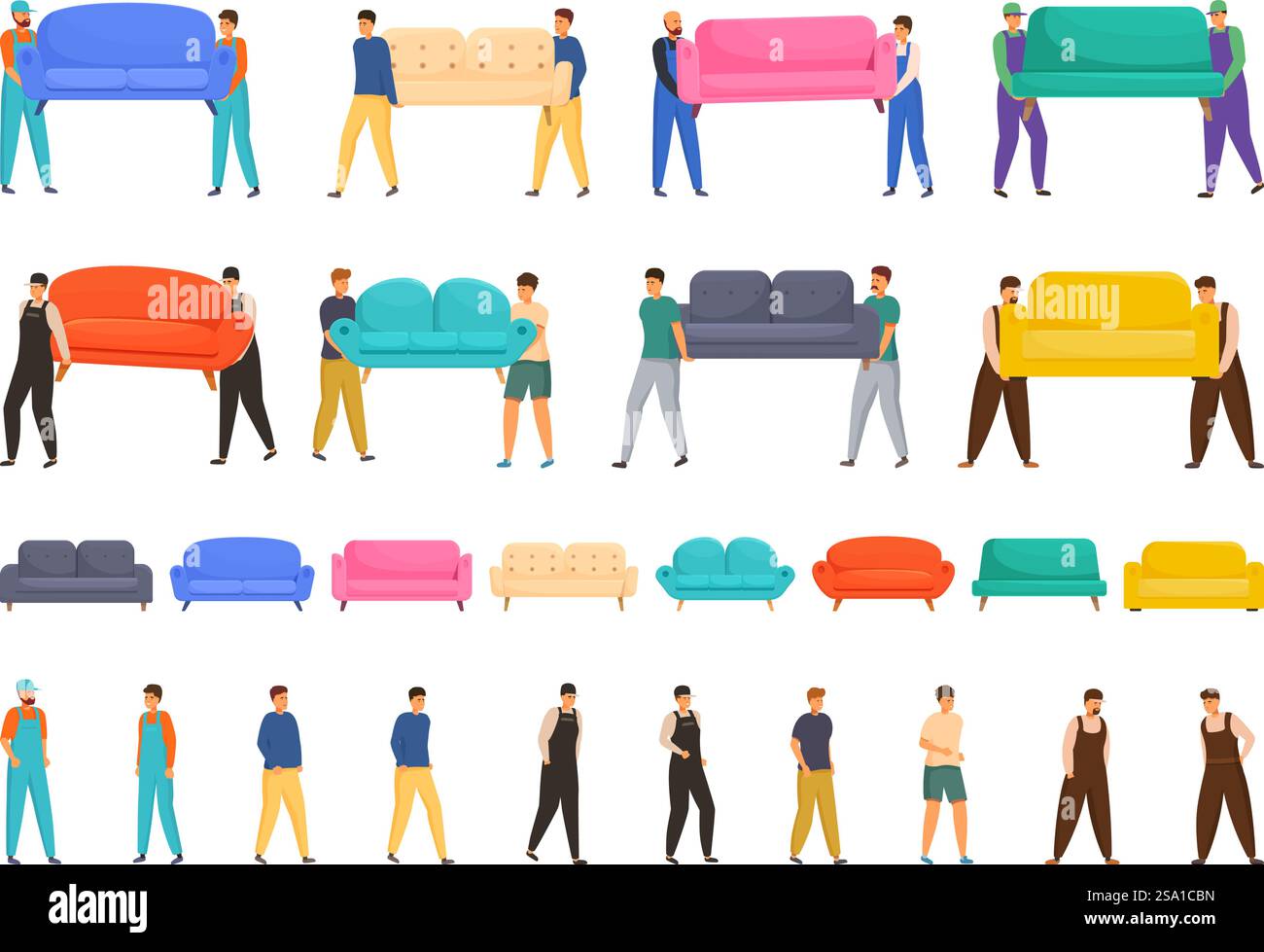 Men carrying sofa icons set cartoon vector. Worker moving. House ...