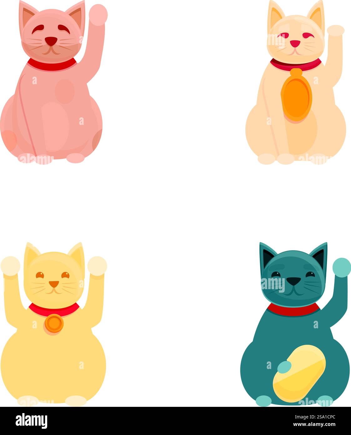 Lucky cat icons set cartoon vector. Japanese cat maneki neko with raised paw. Asian figurine for ...