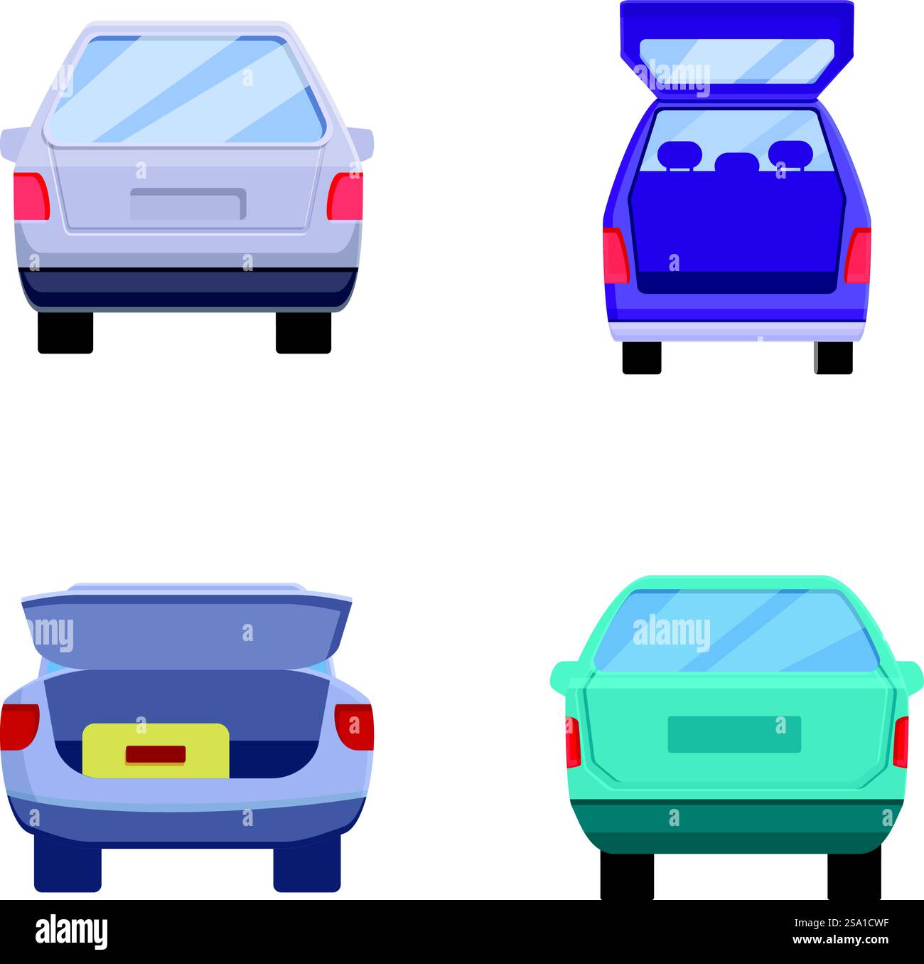 Minivan trunk icons set cartoon vector. Various automobile with open ...