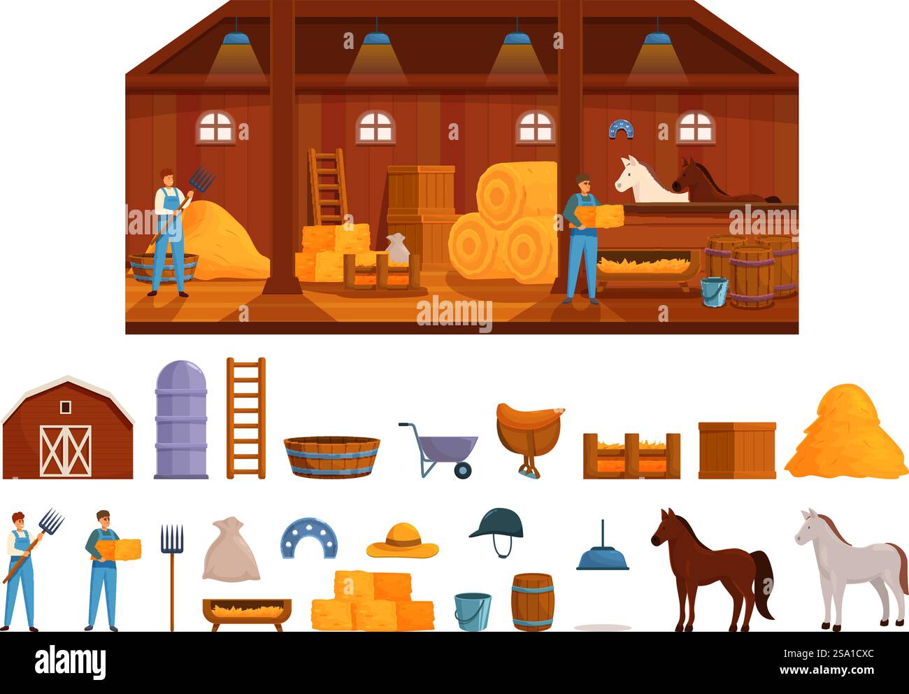 Farm stable icons set cartoon vector. Barn floor interior. Wooden ranch. Farm stable icons set ...