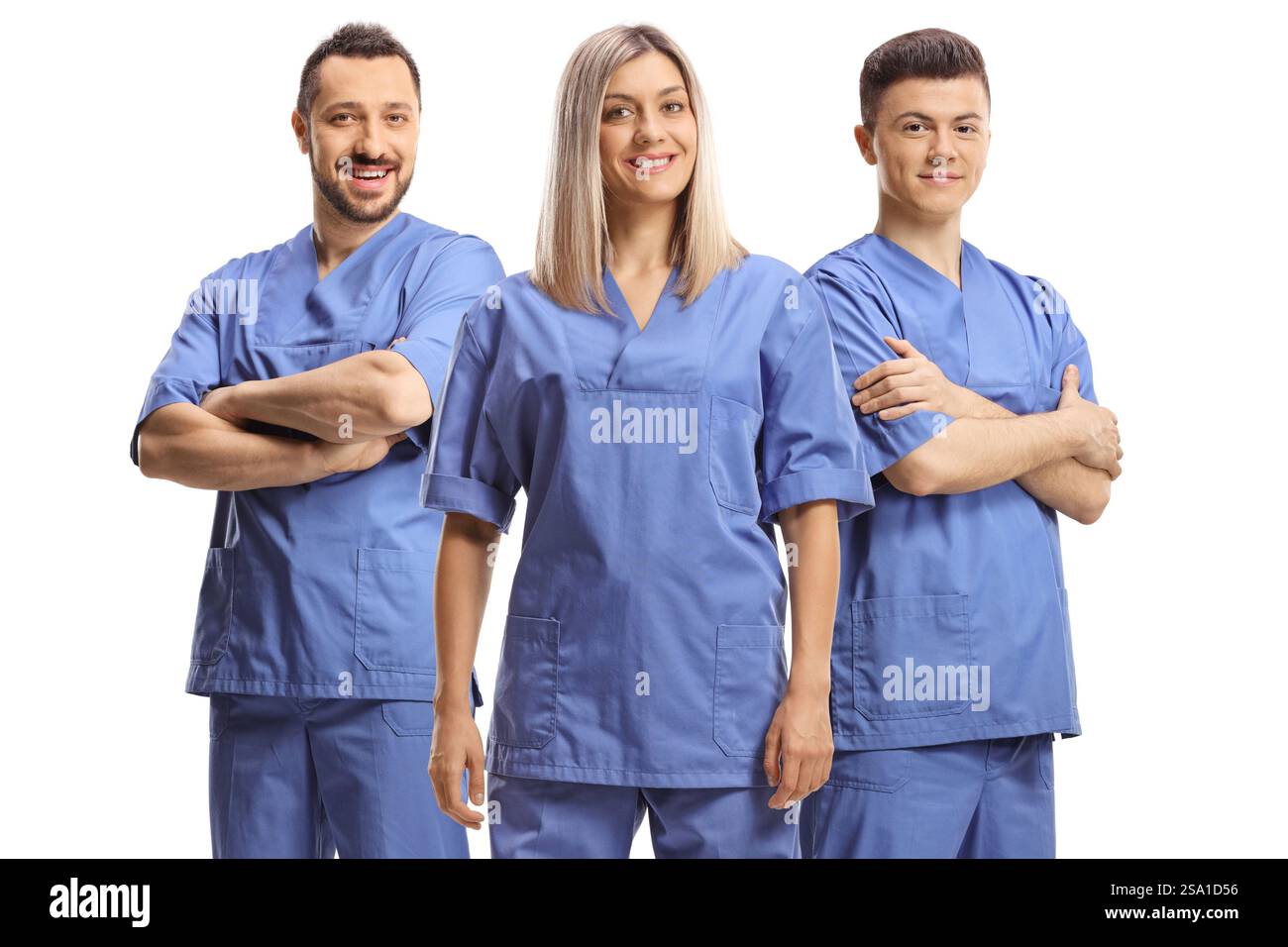 Health care workers in blue uniforms isolated on white background Stock ...