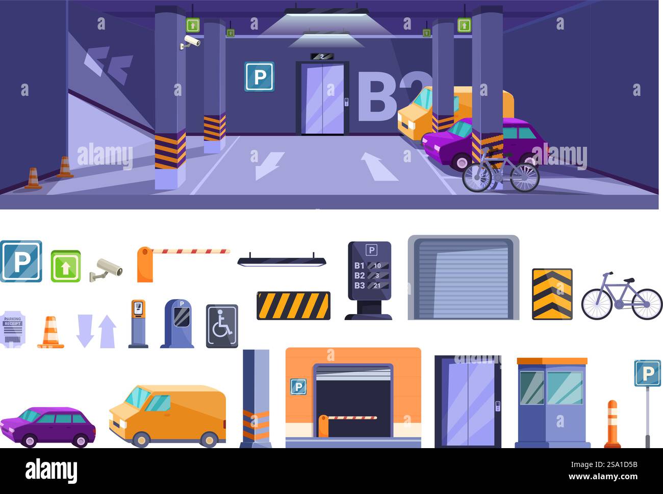 Underground parking lot icons set cartoon vector. Urban garage. Number ...