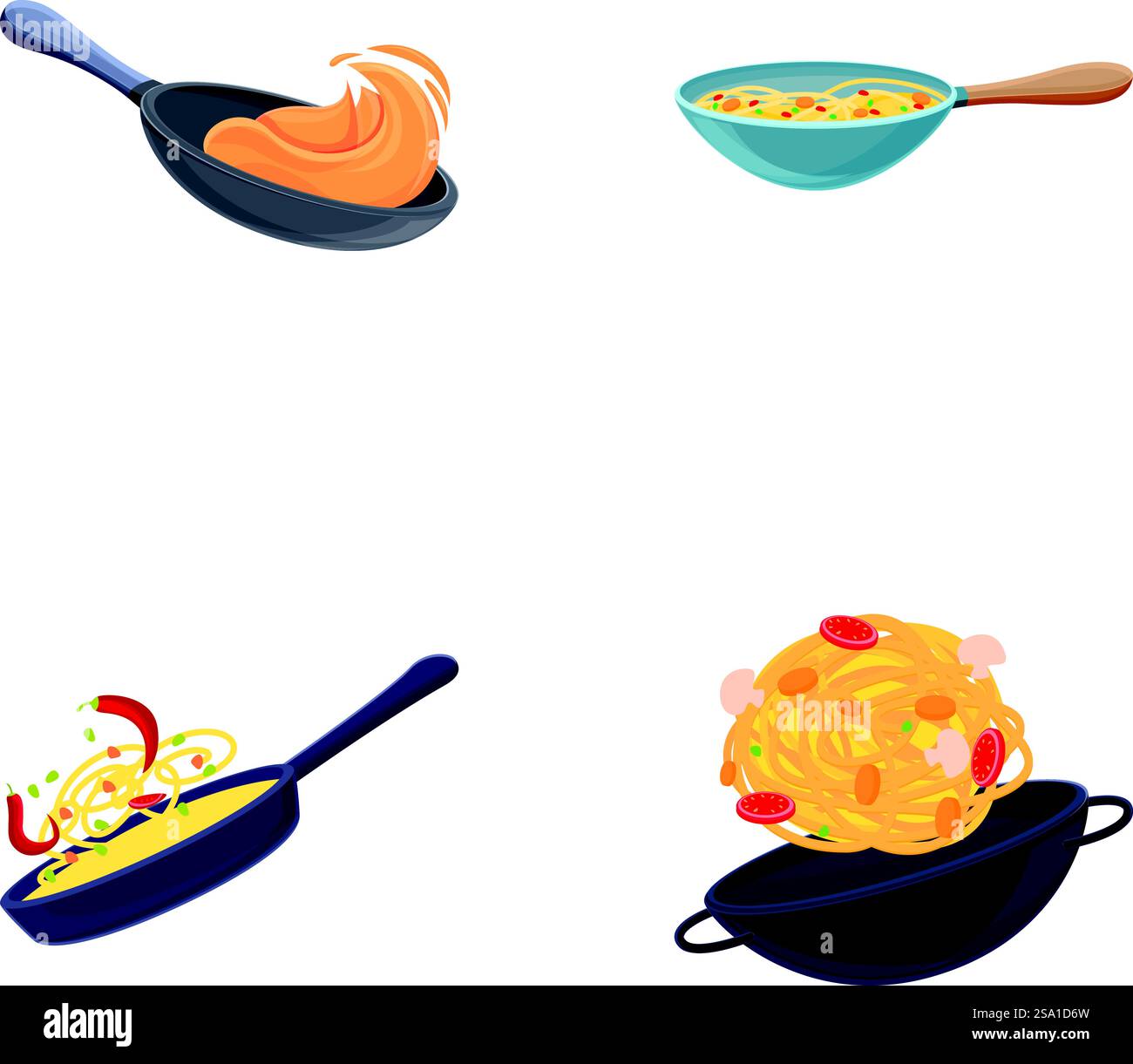 Cooking process icons set cartoon vector. Various dishes cooked in ...