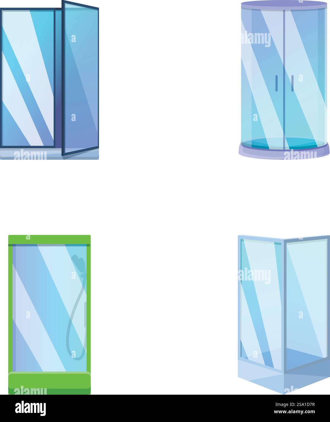 Glass door icons set cartoon vector. Various transparent glass door ...