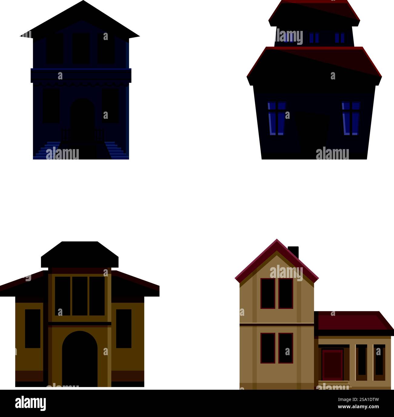 Abandoned house icons set cartoon vector. Various dwelling in bad condition. Architecture theme ...