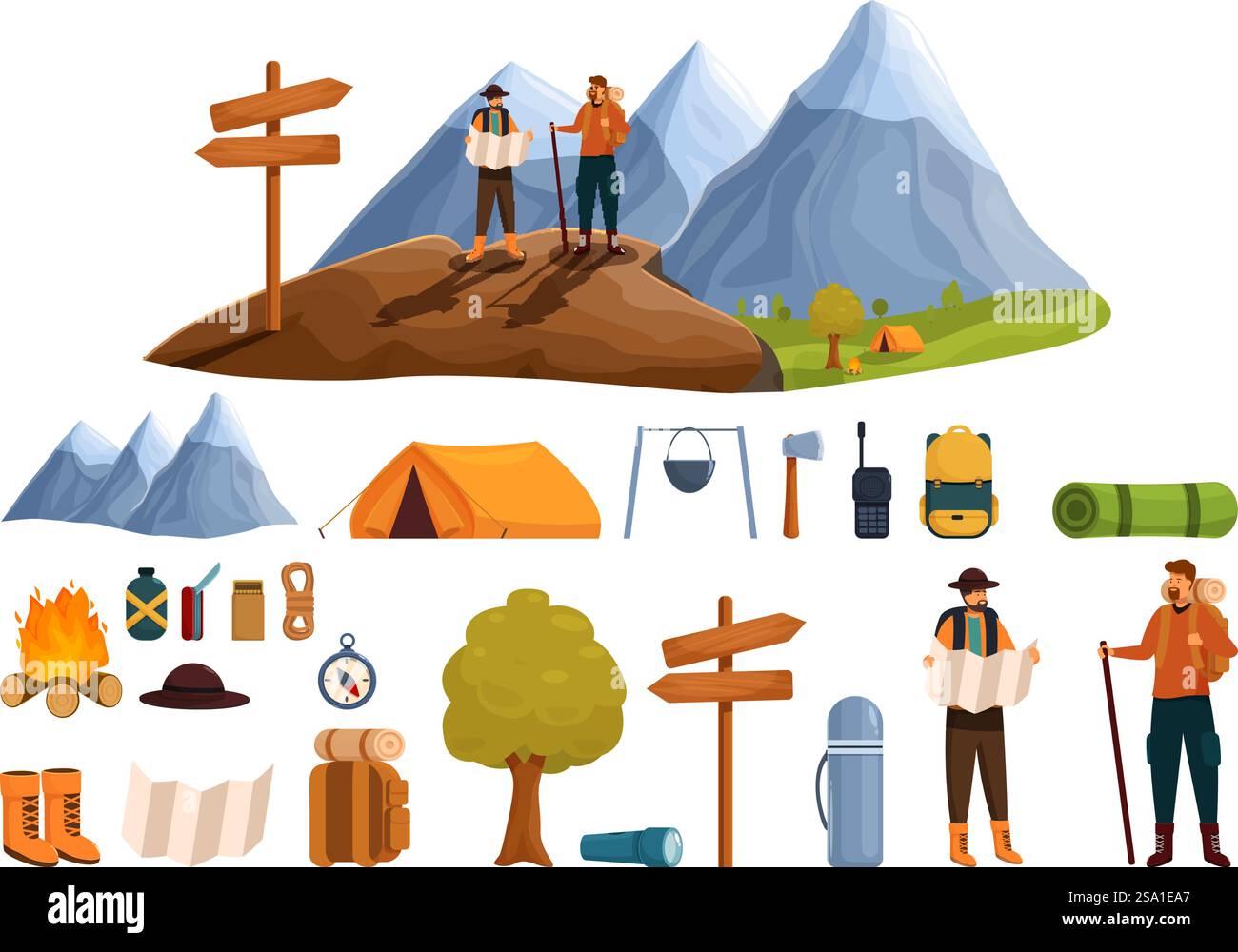Man trekking travel icons set cartoon vector. Tourist map. Active ...