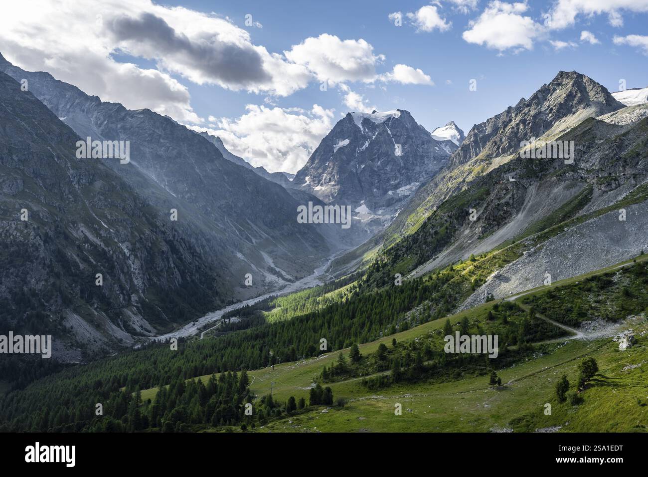 Mountain landscape near Arolla, behind mountain peak Mont Collon ...