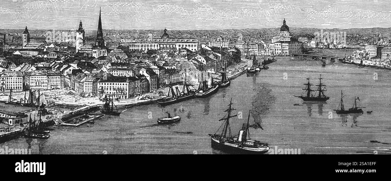 Cityscape of the Swedish capital Stockholm with harbour facilities ...