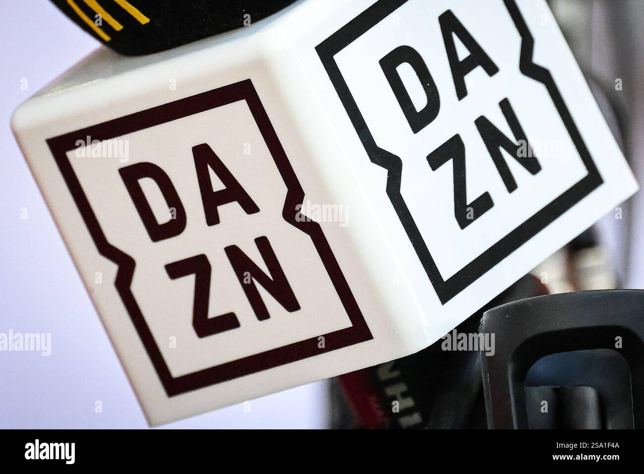 Illustration of the microphone with the official DAZN logo during the ...