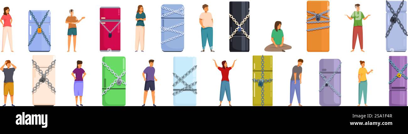 Locked fridge icons set cartoon vector. Chained closed refrigerator ...
