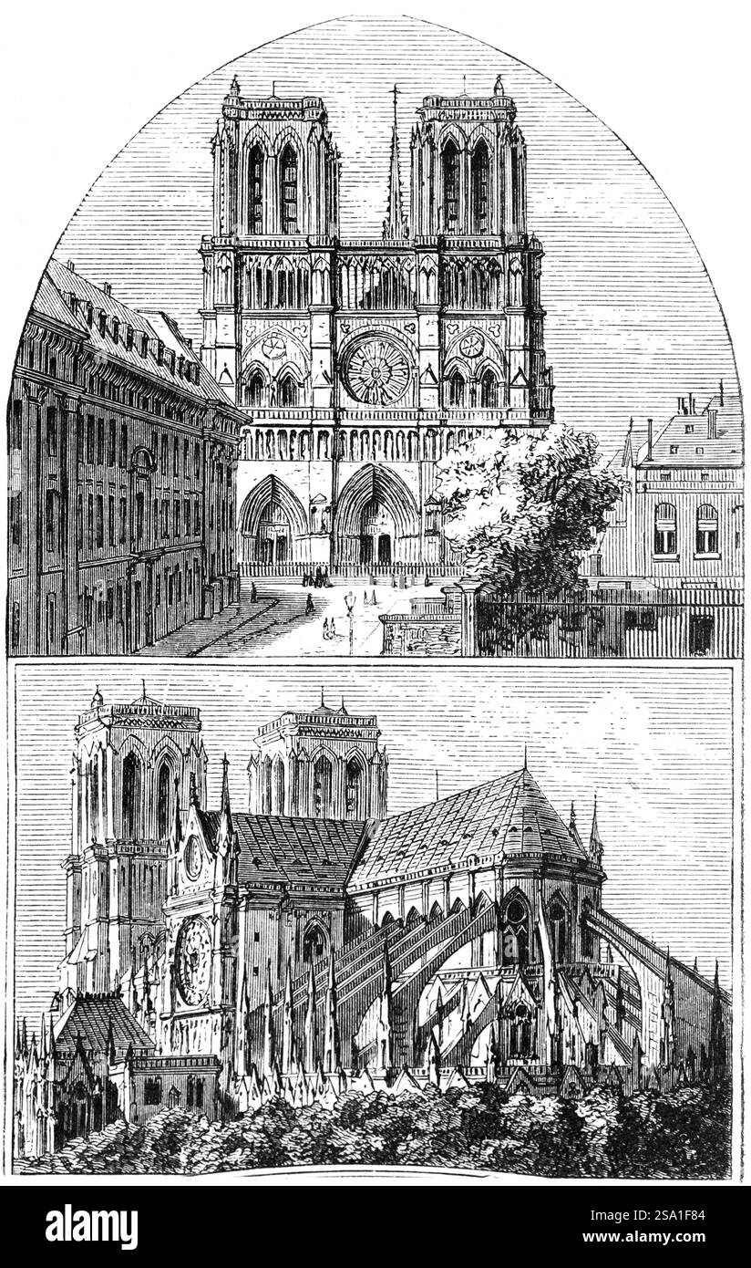 Gothic cathedral Notre Dame de Paris in front or west facade, rear view ...