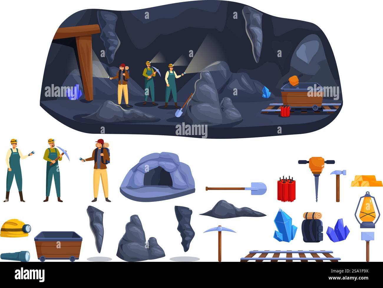 Man inside cave icons set cartoon vector. Traveler hiker. Discover ...