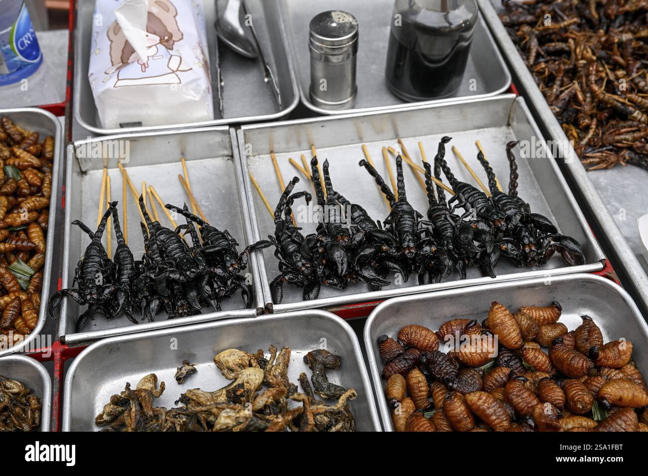 Deep-fried scorpions, palm mantis larvae and frogs at a stall in the ...