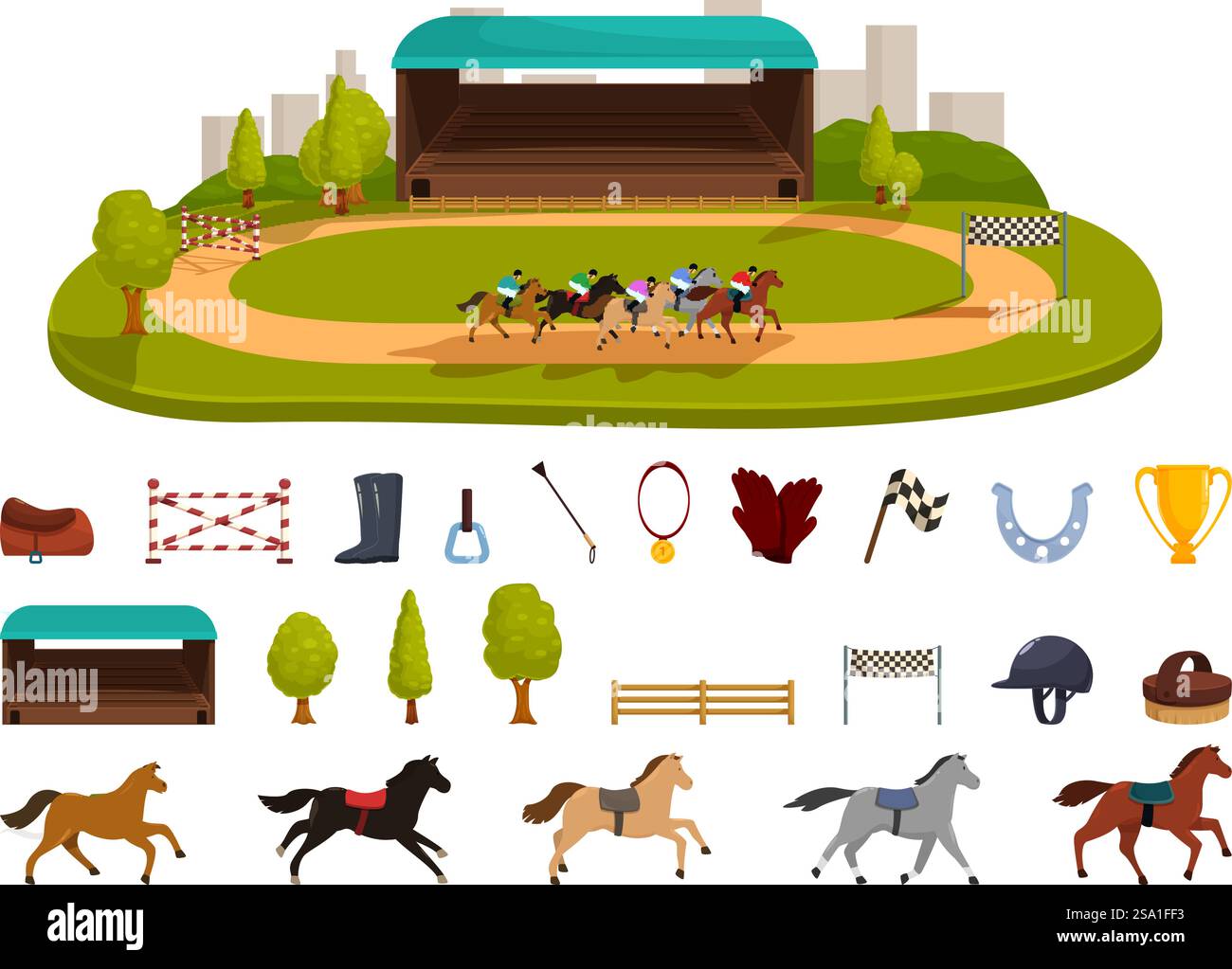 Hippodrome icons set cartoon vector. Horse track game. Clothing ...
