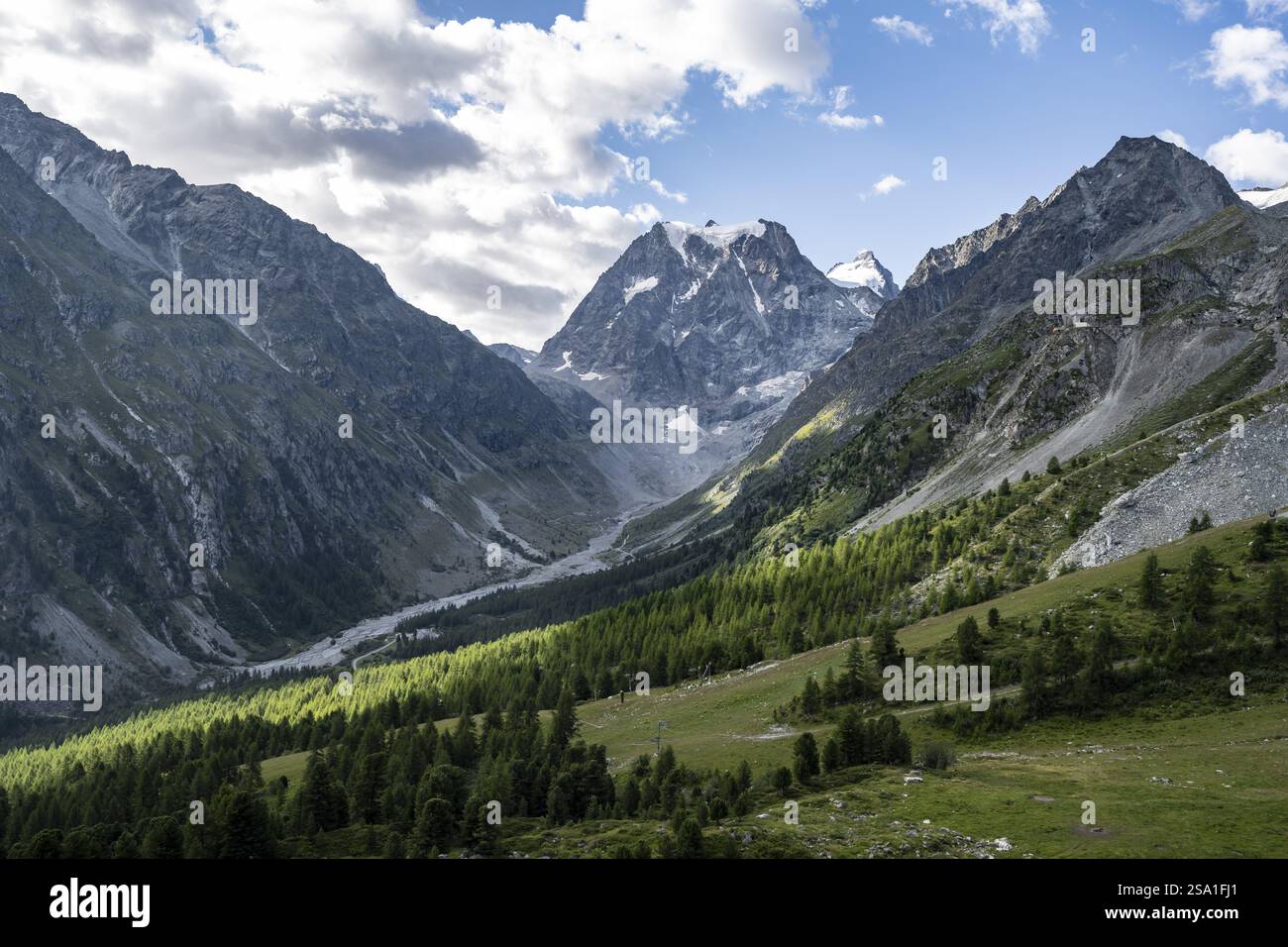 Mountain landscape near Arolla, behind mountain peak Mont Collon ...