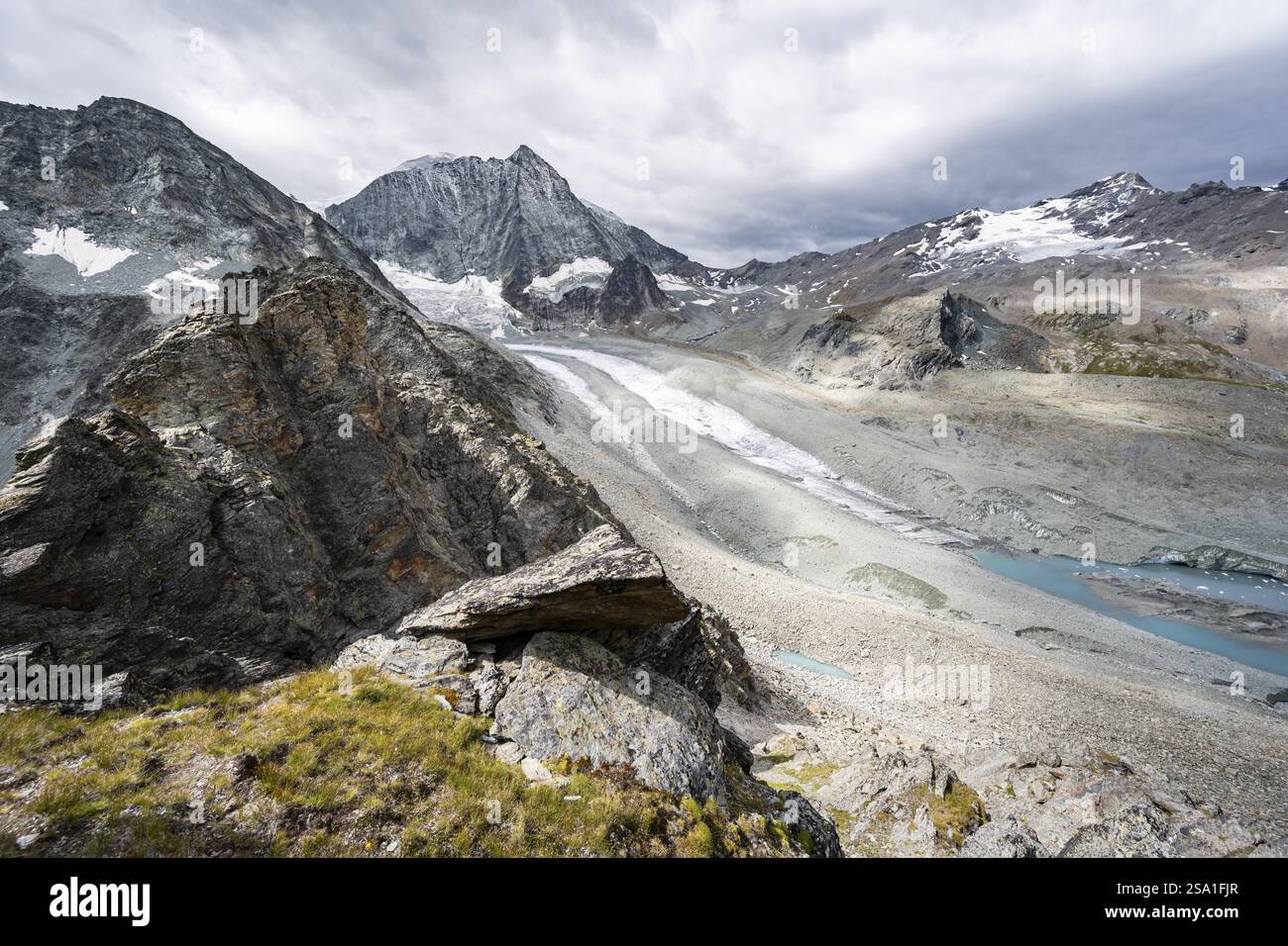 View of glacier Glacier de Cheilon and mountain peak Mont Blanc de ...