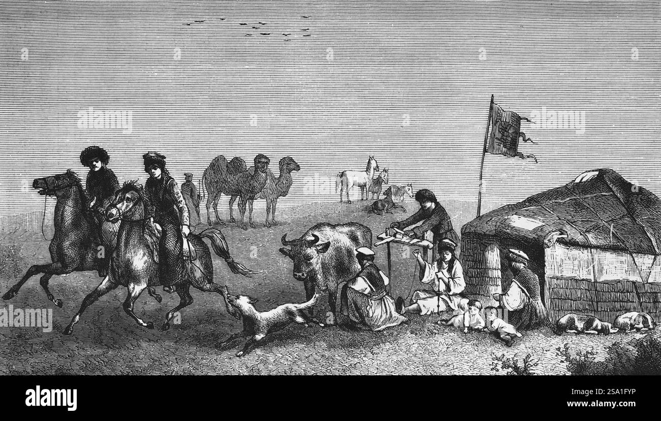 Camp of the nomadic Western Mongolian Kalmyks in the steppe, living ...