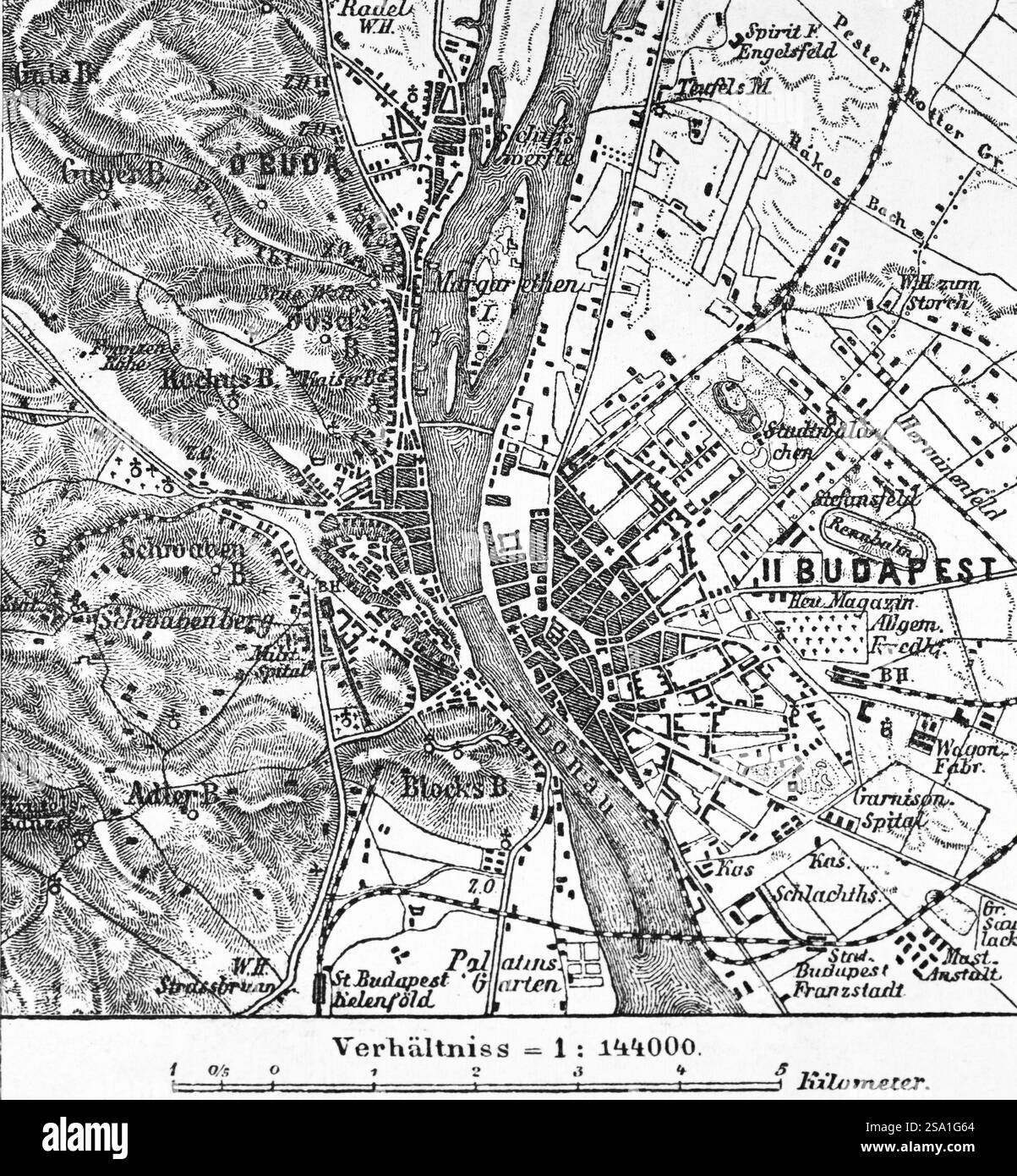 Topographic map and city map of the Hungarian capital Budapest, scale 1 ...