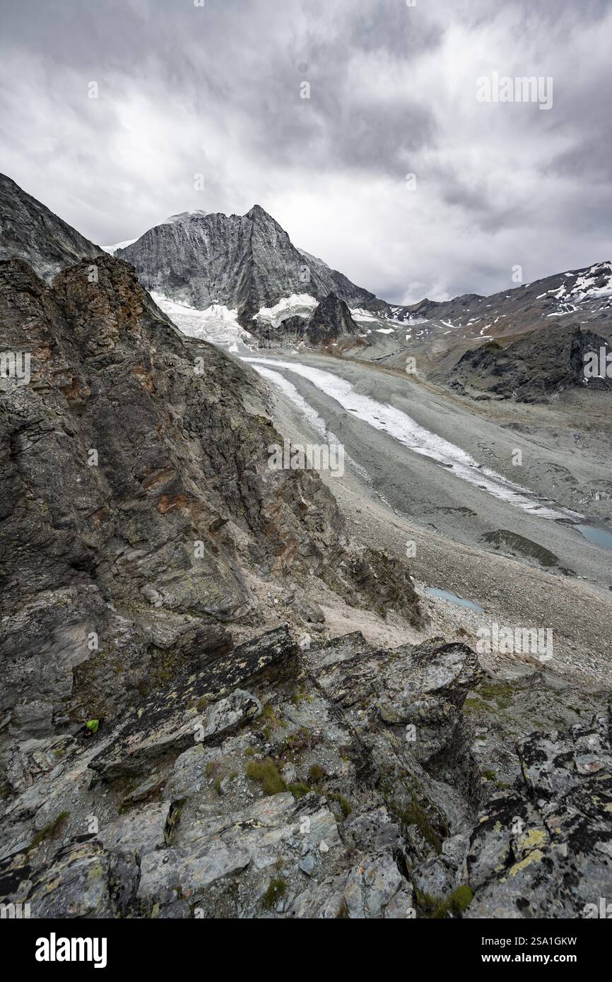View of glacier Glacier de Cheilon and mountain peak Mont Blanc de ...