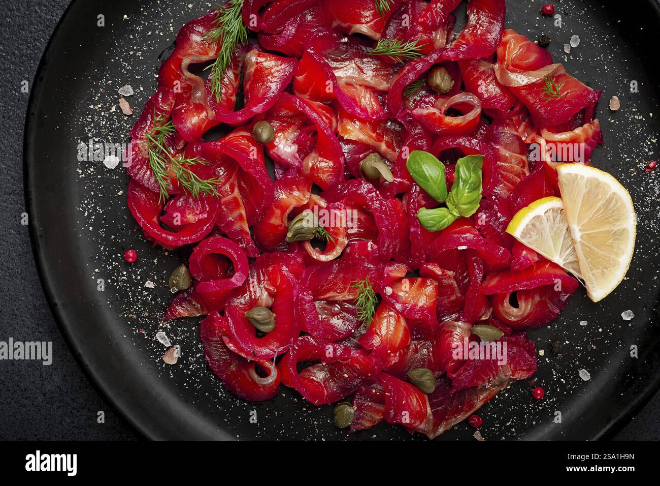 Salmon gravlax with beetroot, Scandinavian snack, beet gravlax, lightly ...