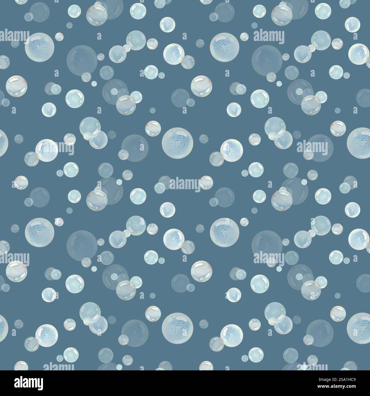 Blue water bubbles of different sizes and tones in a chaotic order. Watercolor illustration ...