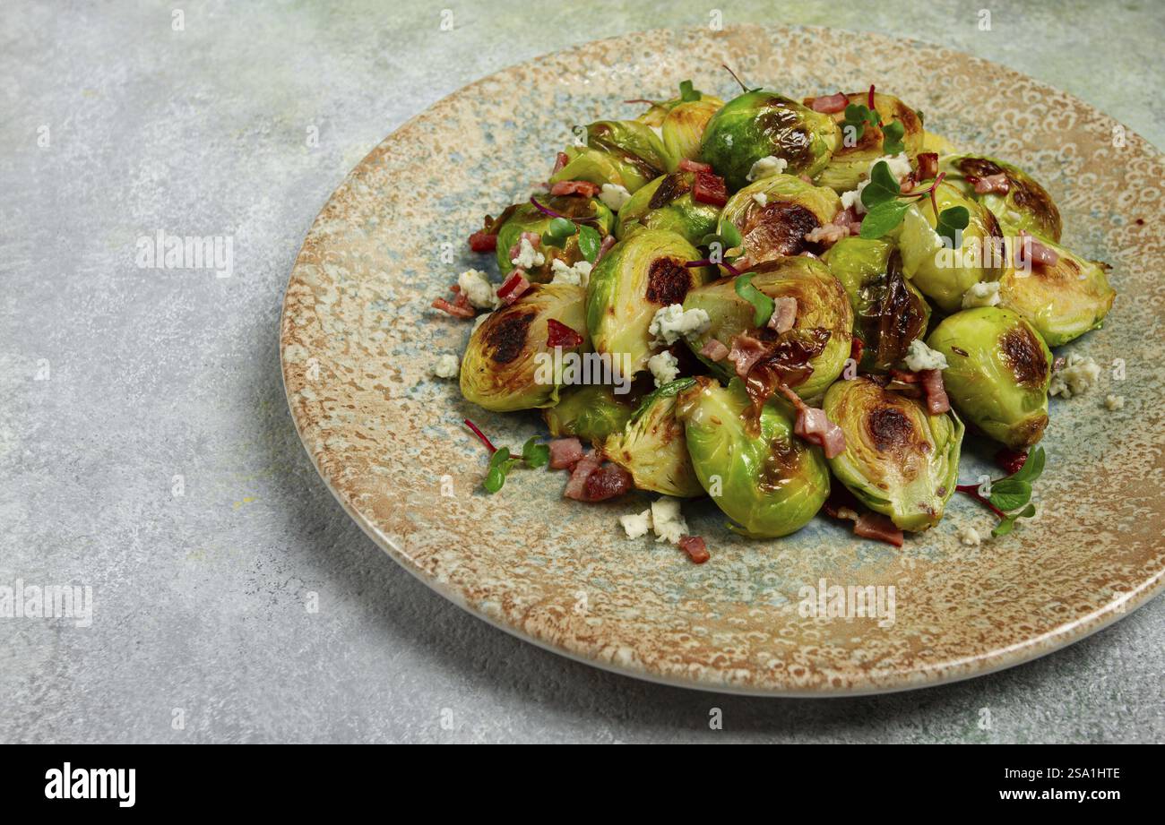 Roasted brussels sprouts, with bacon, vegetarian food, homemade, no ...