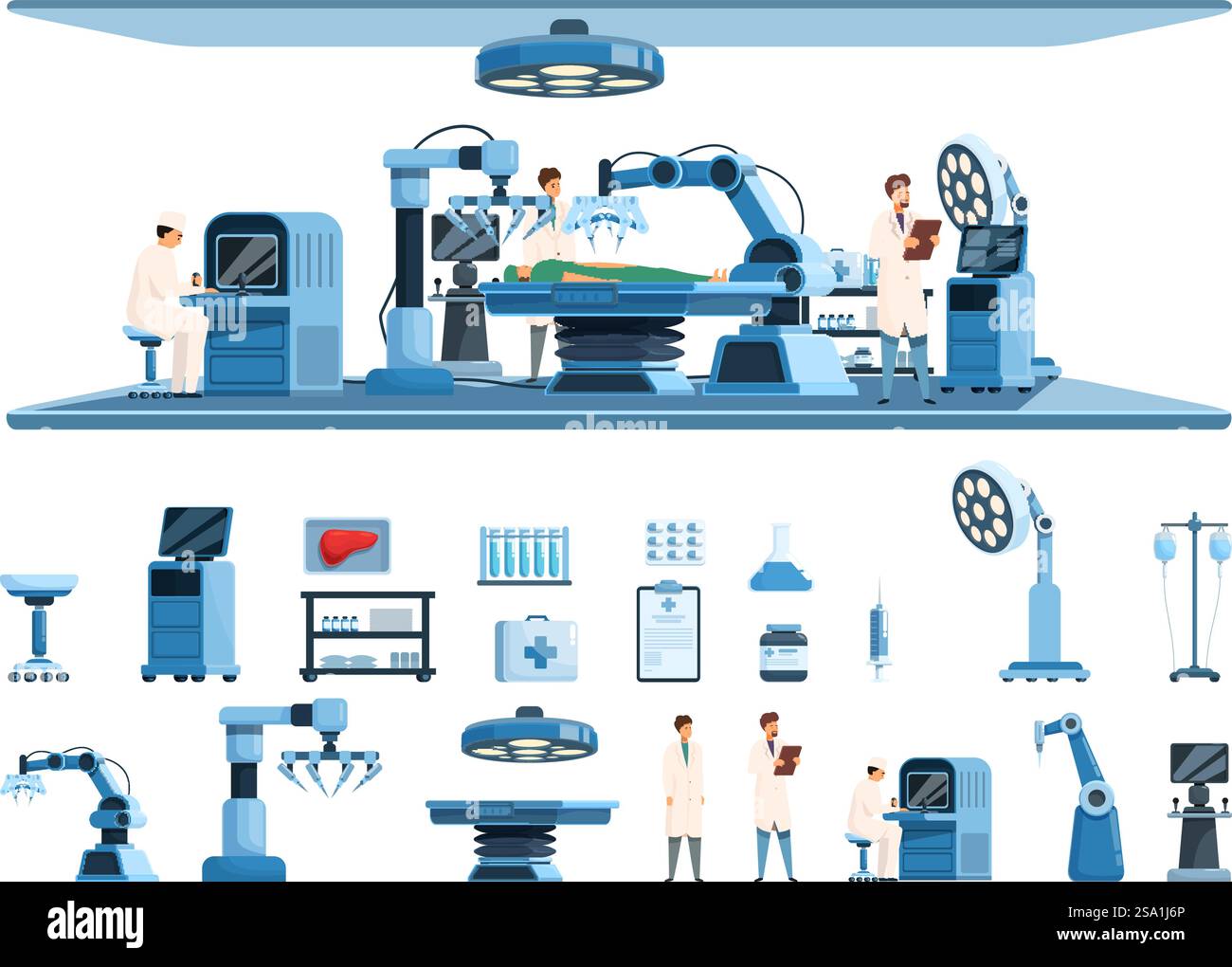 Medical robot operator icons set cartoon vector. Surgery computer ...