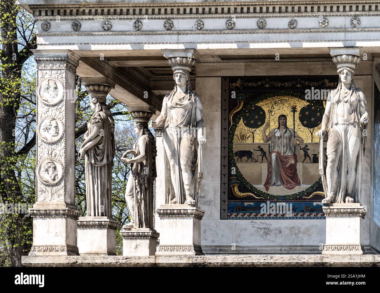 A classical architectural structure featuring four statues of women in ...