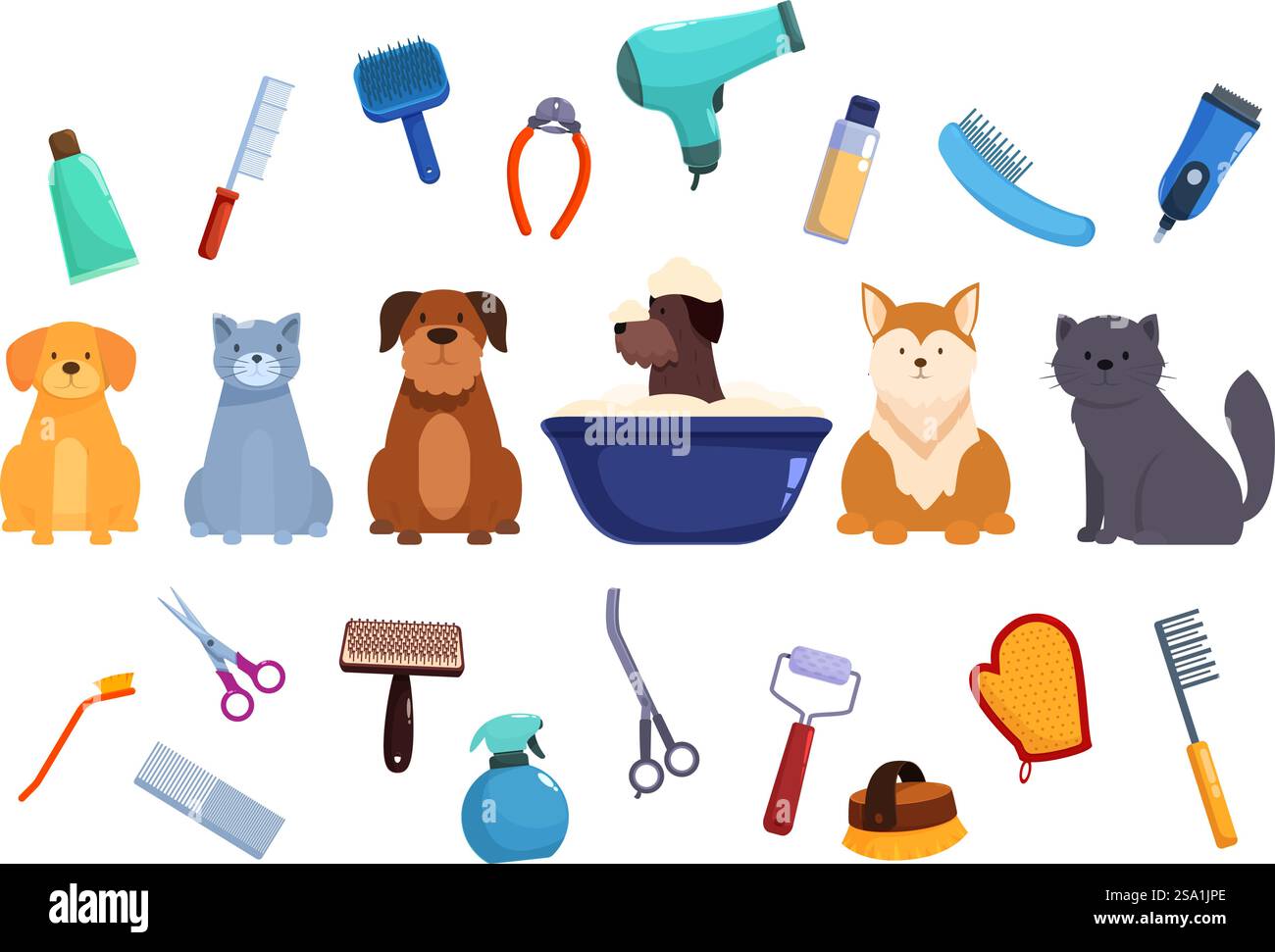 Pet grooming icons set cartoon vector. Shower puppy cut. Brush animal ...