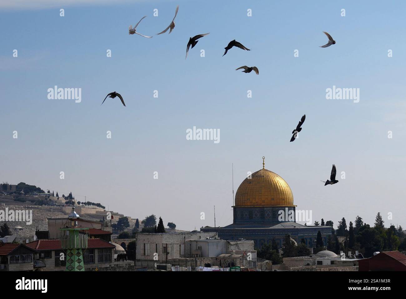 Birds fly above the Dome of the Rock Mosque in the Al-Aqsa Mosque ...