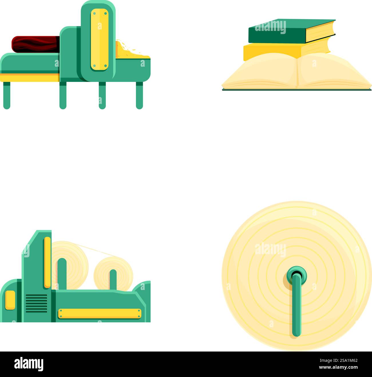 Paper production icons set cartoon vector. Equipment for paper ...