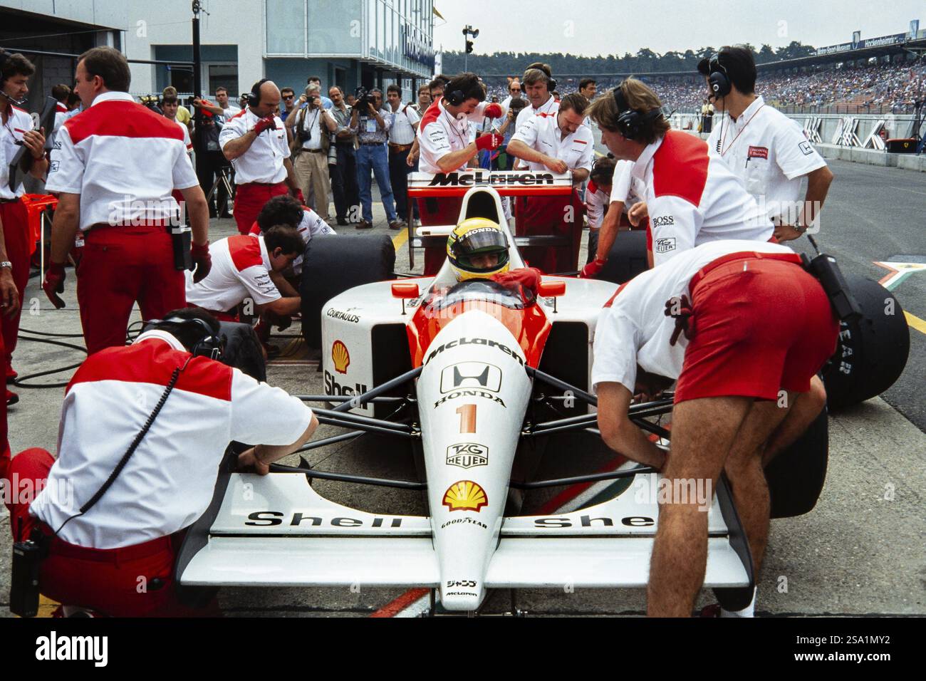 Racing driver, Ayrton Senna in the pit lane, Formula 1, McLaren Honda ...