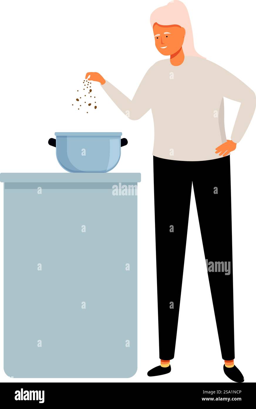 Senior woman add some spices icon cartoon vector. Food cooking. Home ...