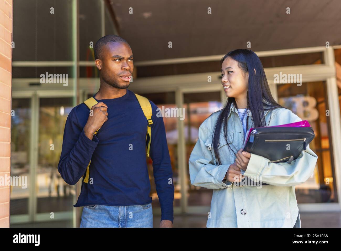 Multi-ethnic female and male african and chinese students talking ...